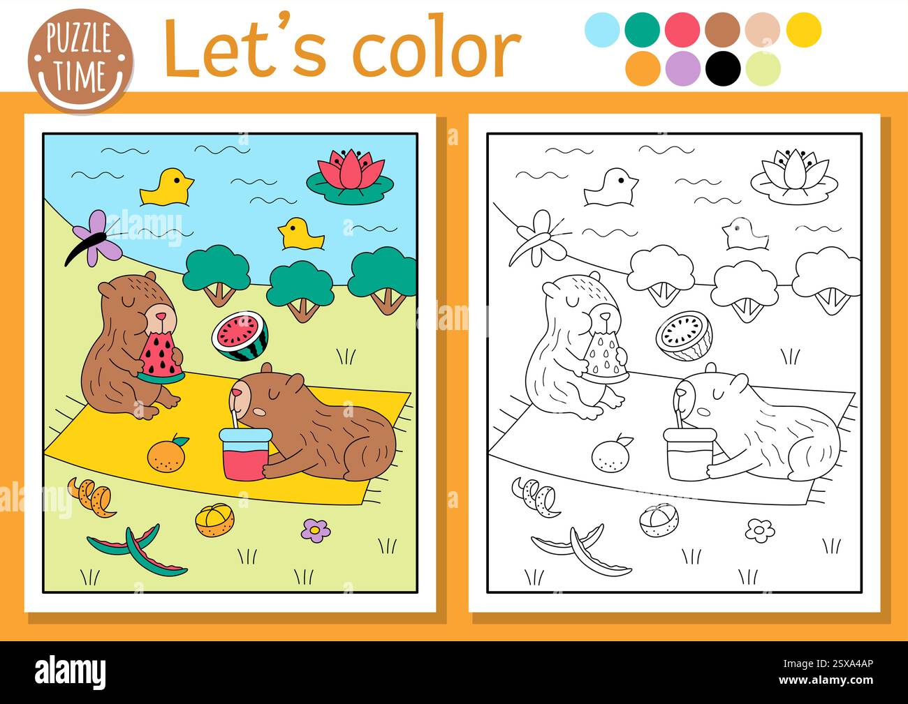 Capybara coloring page for children with cute scene, animals having ...
