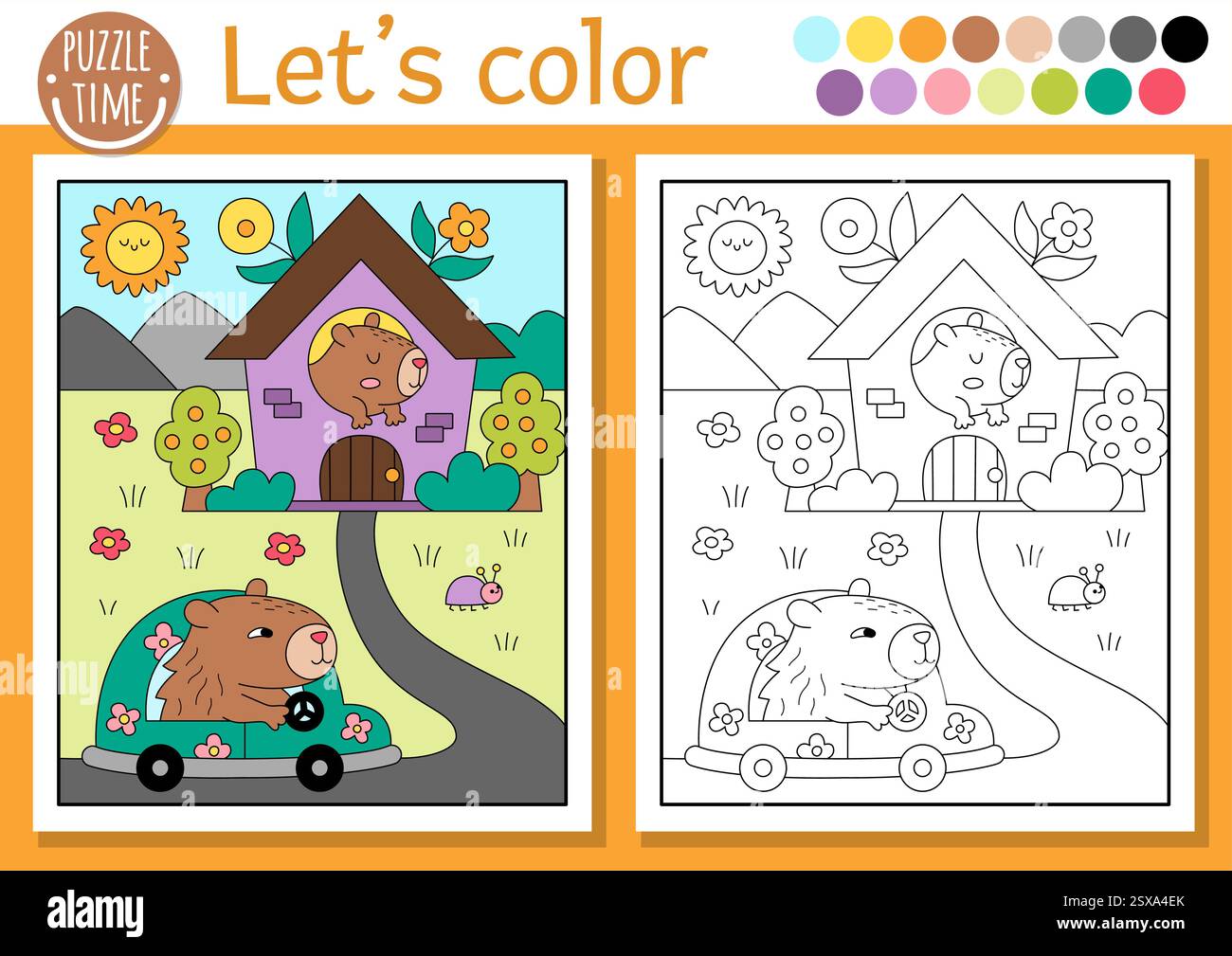 Capybara coloring page for children with scene, animal driving a car to ...