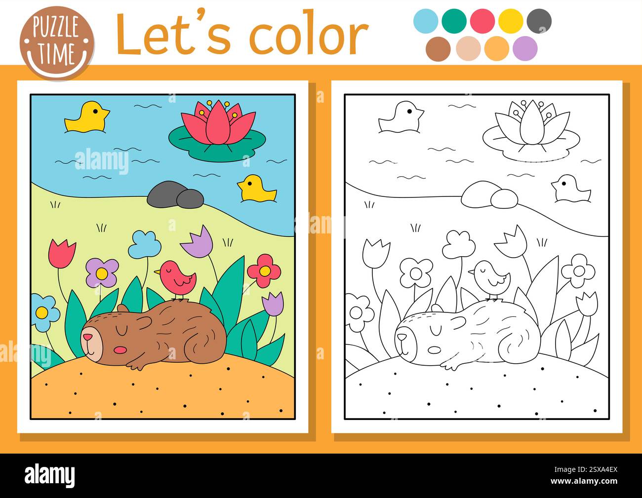 Capybara coloring page for children with cute scene, animal sleeping ...