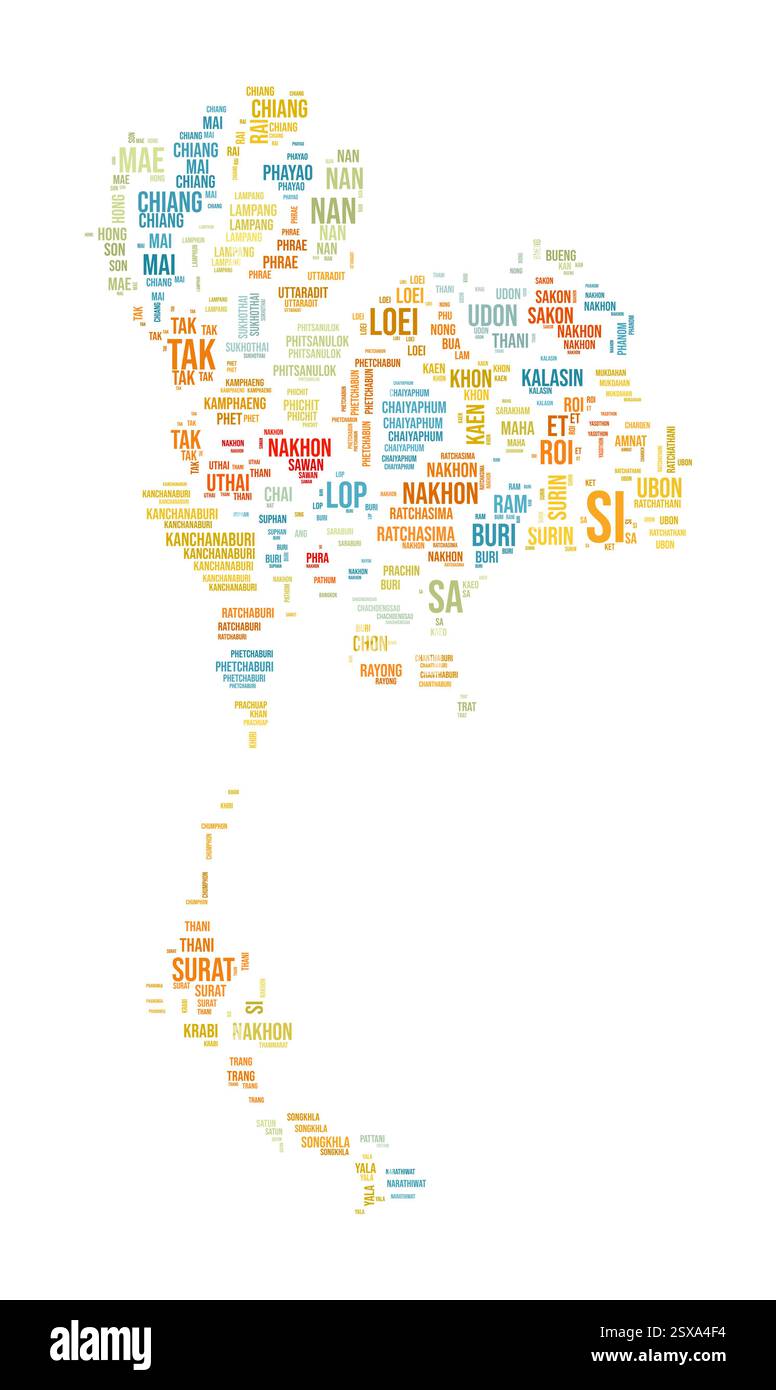 Thailand word cloud. Country shape with region division. Thailand typography style image. Region ...
