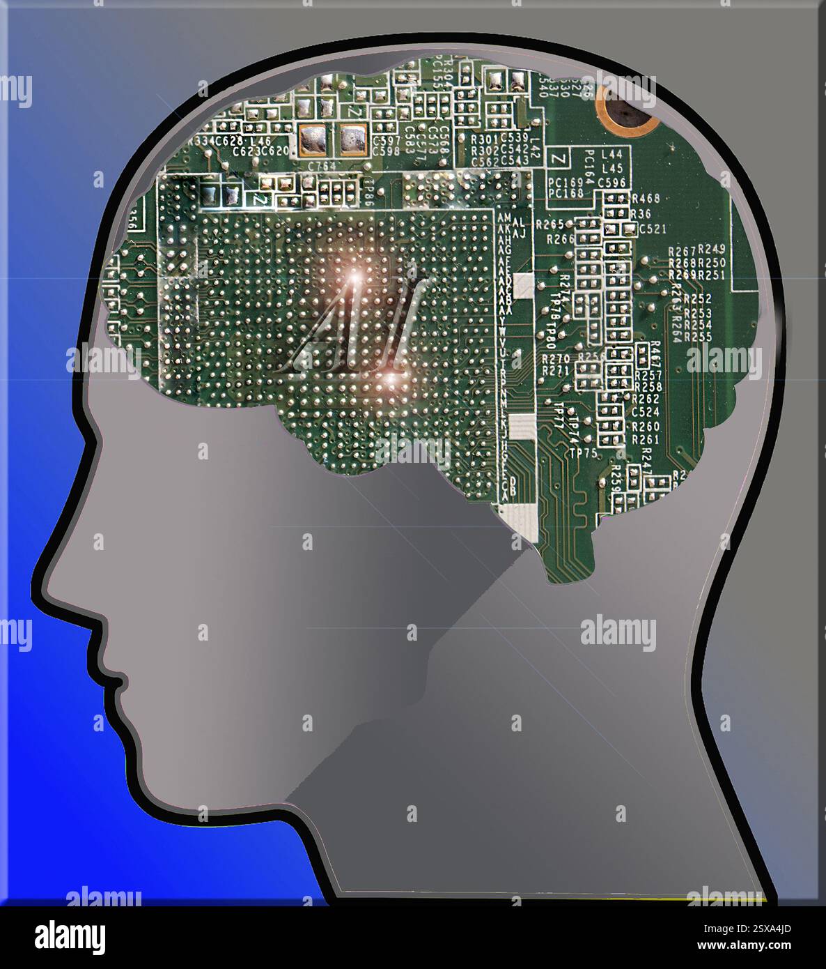 artificial intelligence concept with the shape of a brain made with electronic circuits and the ...
