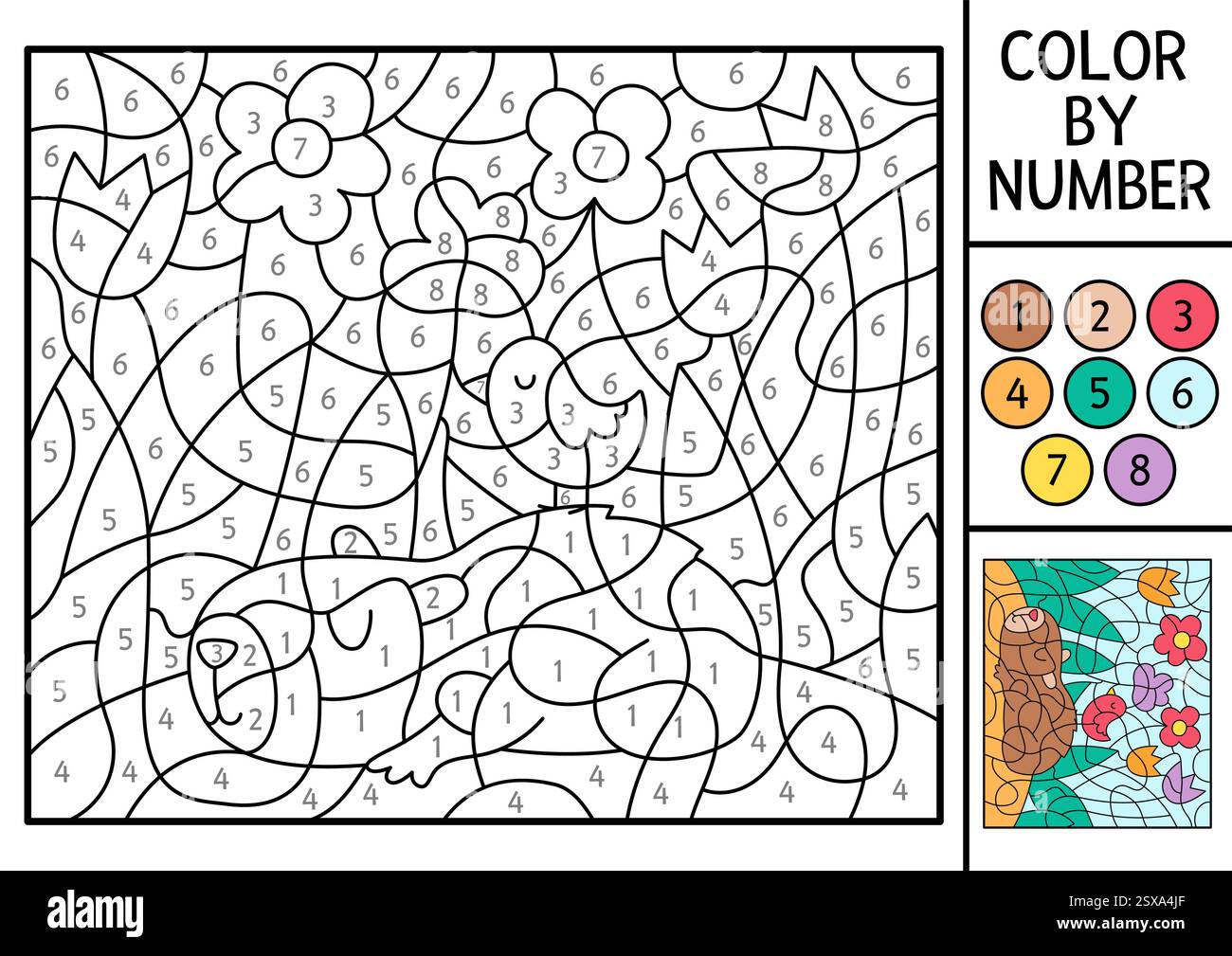 Vector capybara color by number activity with animal sleeping in flower ...