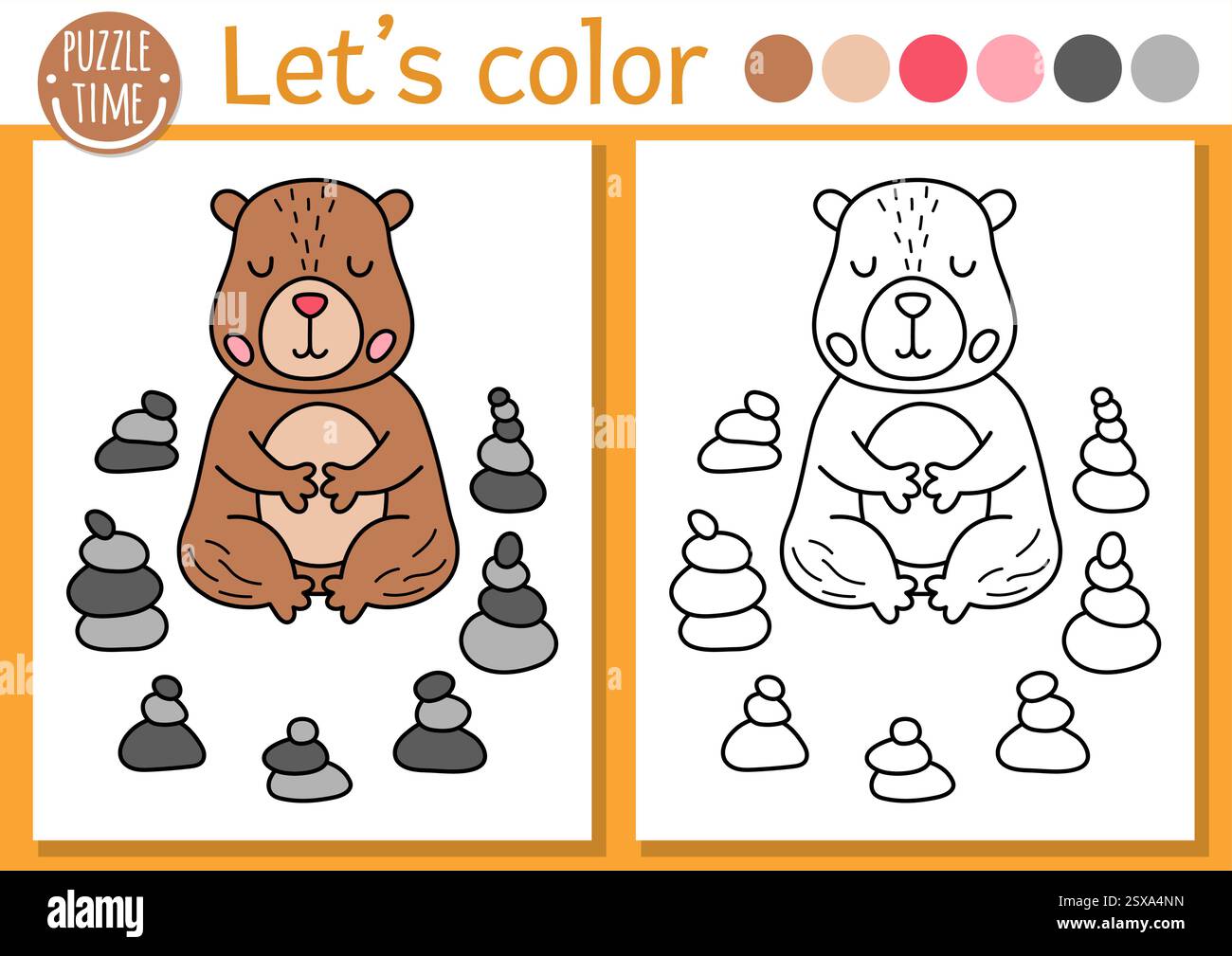 Capybara coloring page for children with cute animal meditating in rock ...