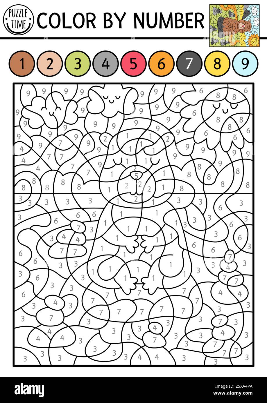 Vector capybara color by number activity with animal meditating in ...