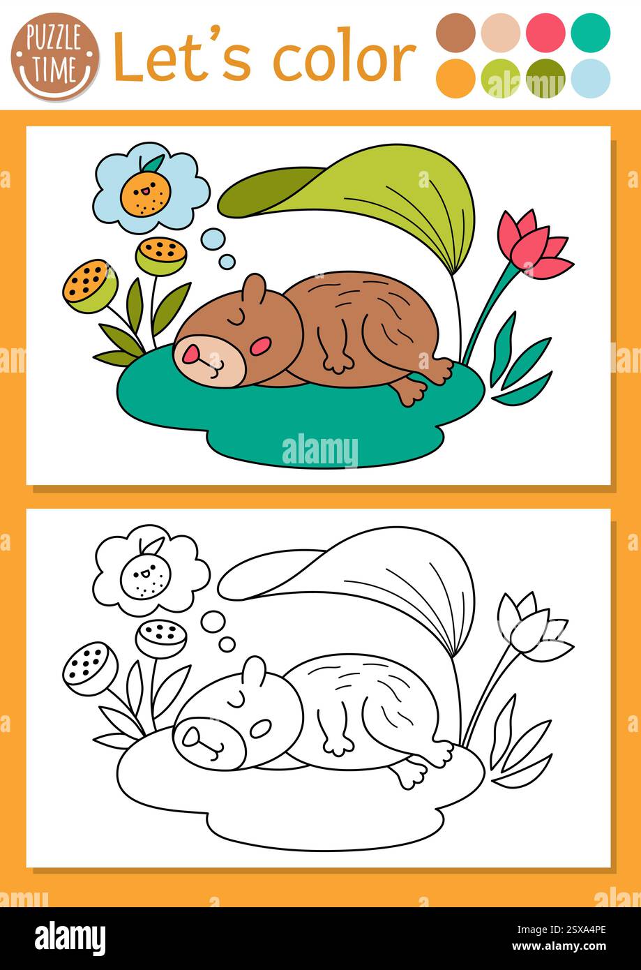 Capybara coloring page for children with cute animal sleeping on water ...