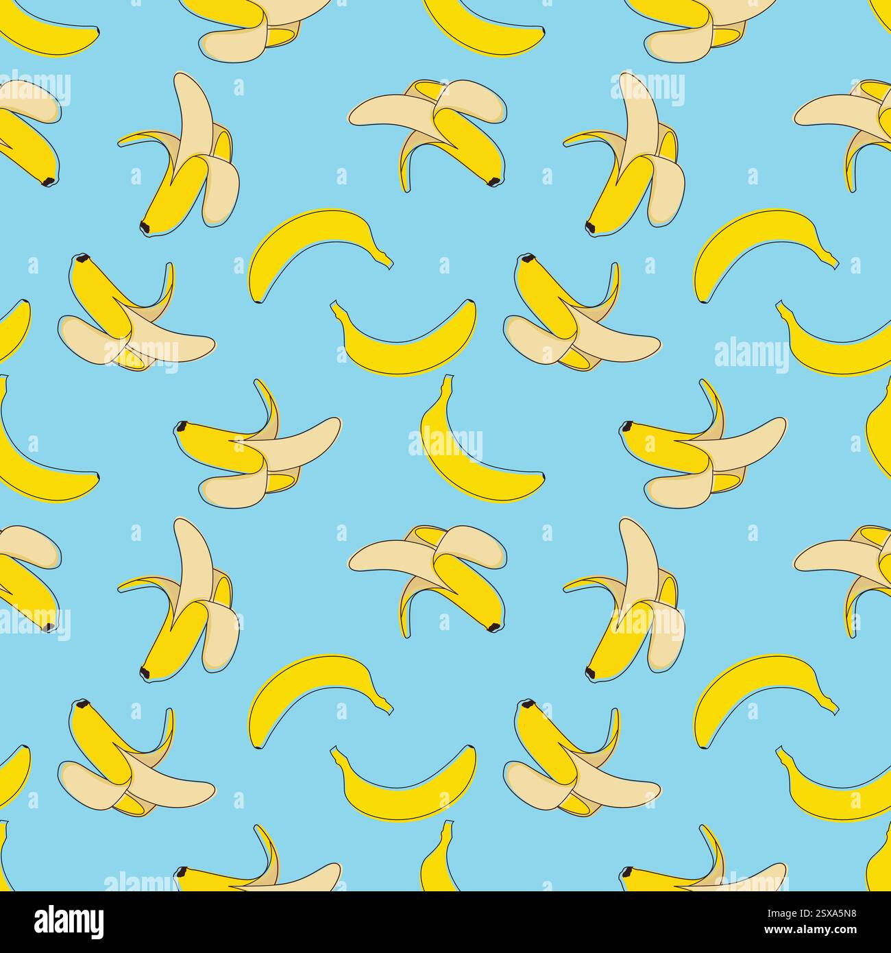Seamless hand drawn vector, tropical fruits Banana. Cute summer blue background fabrics, Banana ...