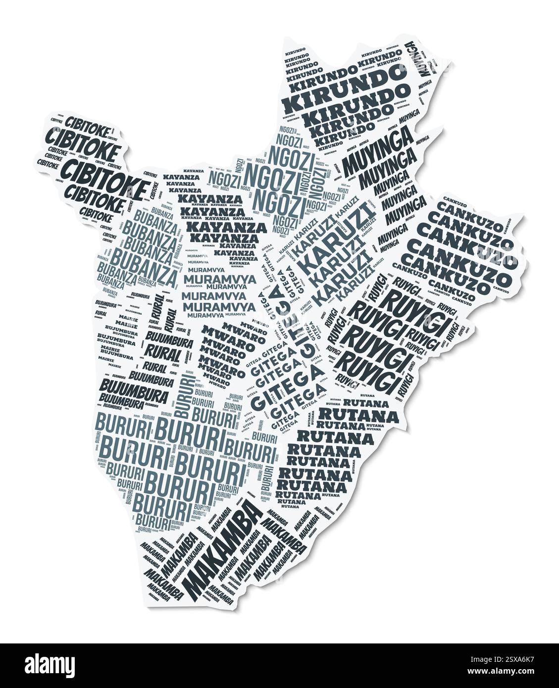 Burundi shape text cloud. Country border with shadow on white ...