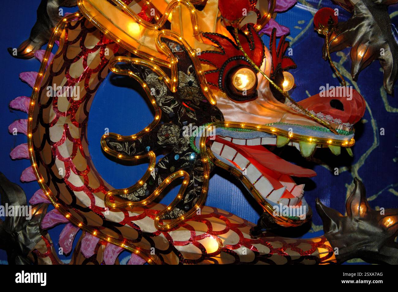 A flexible giant puppet made of bamboo and paper in shape of a dragon ...