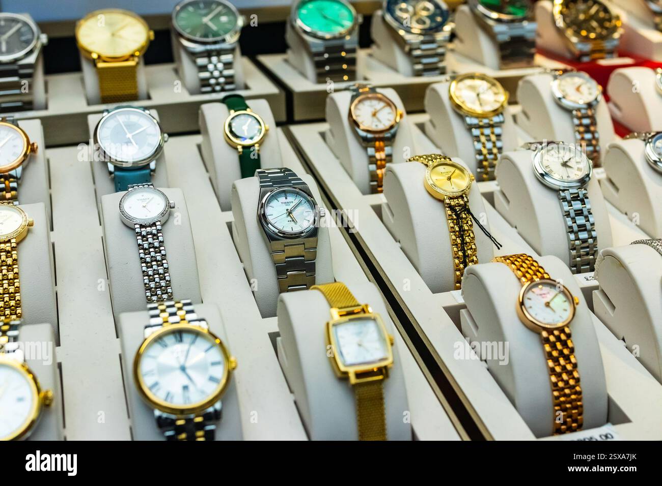 collection of luxury Tissot watches in jewellers store window uk Stock ...