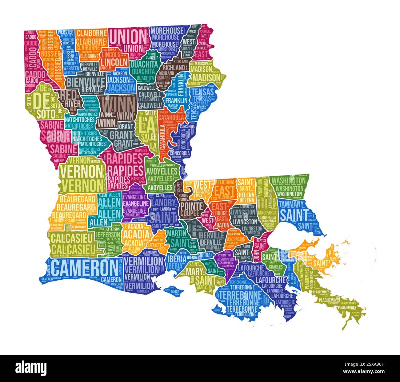 Louisiana shape. State word cloud with county division. Louisiana ...