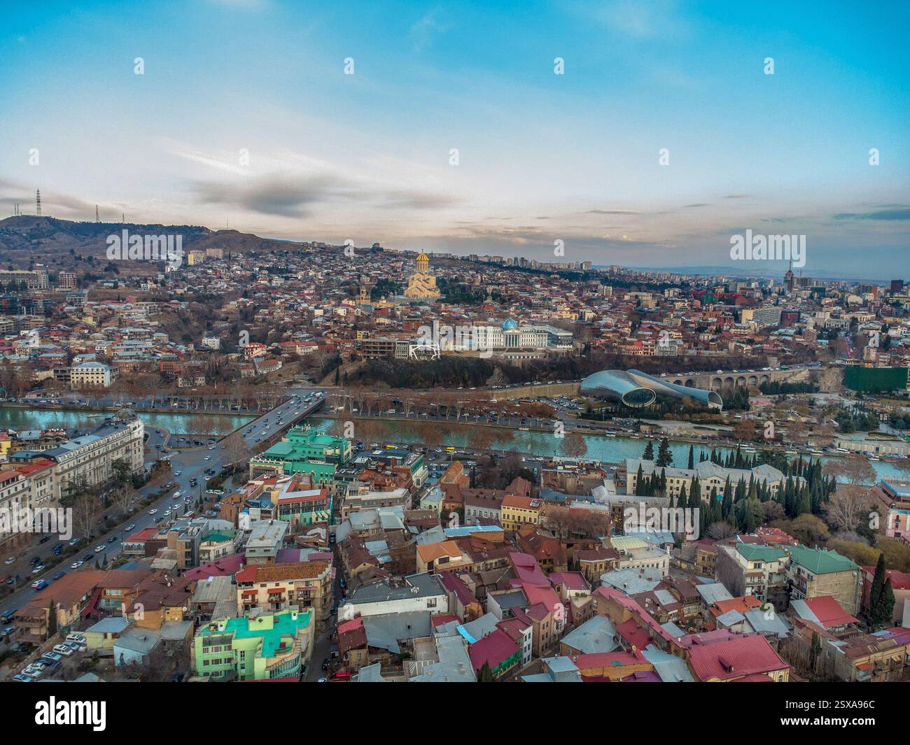 aERIAL VIEW ON tBILISI AND kURA RIVER: OLD TOWN ON FOREGROUNF , rHIKE ...