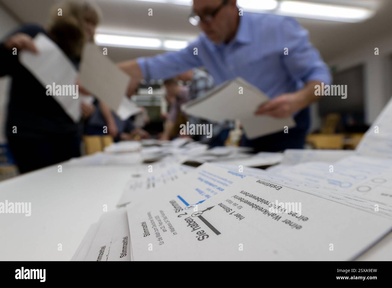 Untermerzbach, Germany. 23rd Feb, 2025. Election workers sort ballot ...