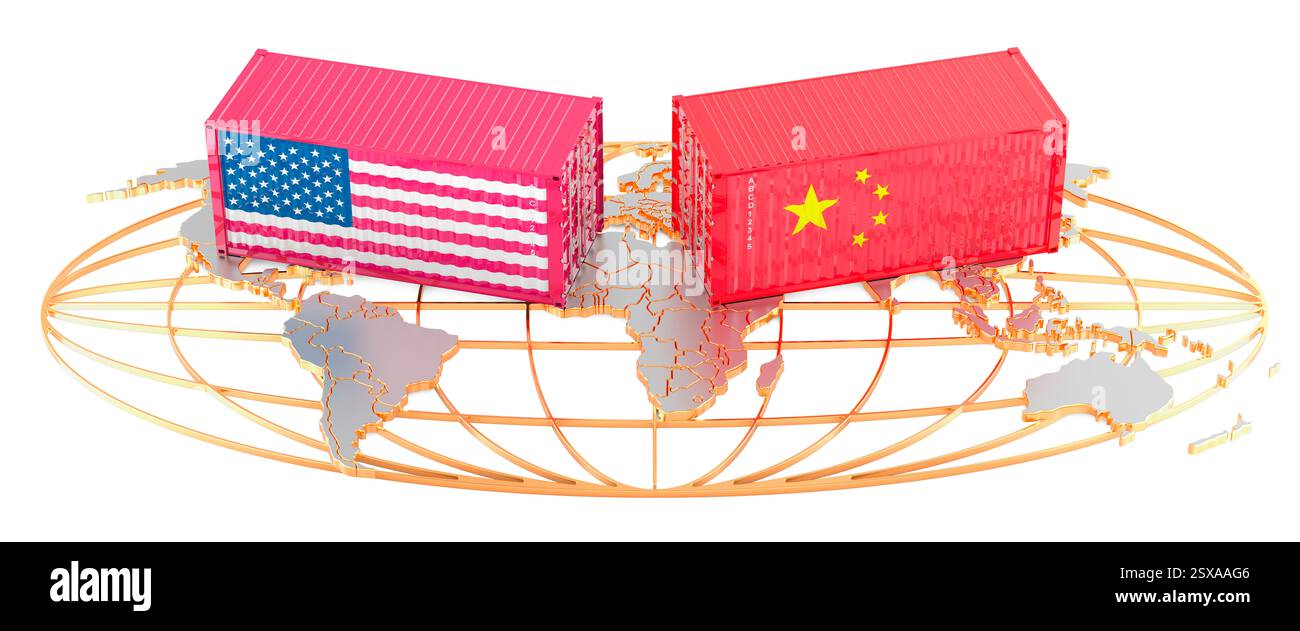 The US and China trade and tariffs agreement concept. Cargo containers with American and Chinese ...