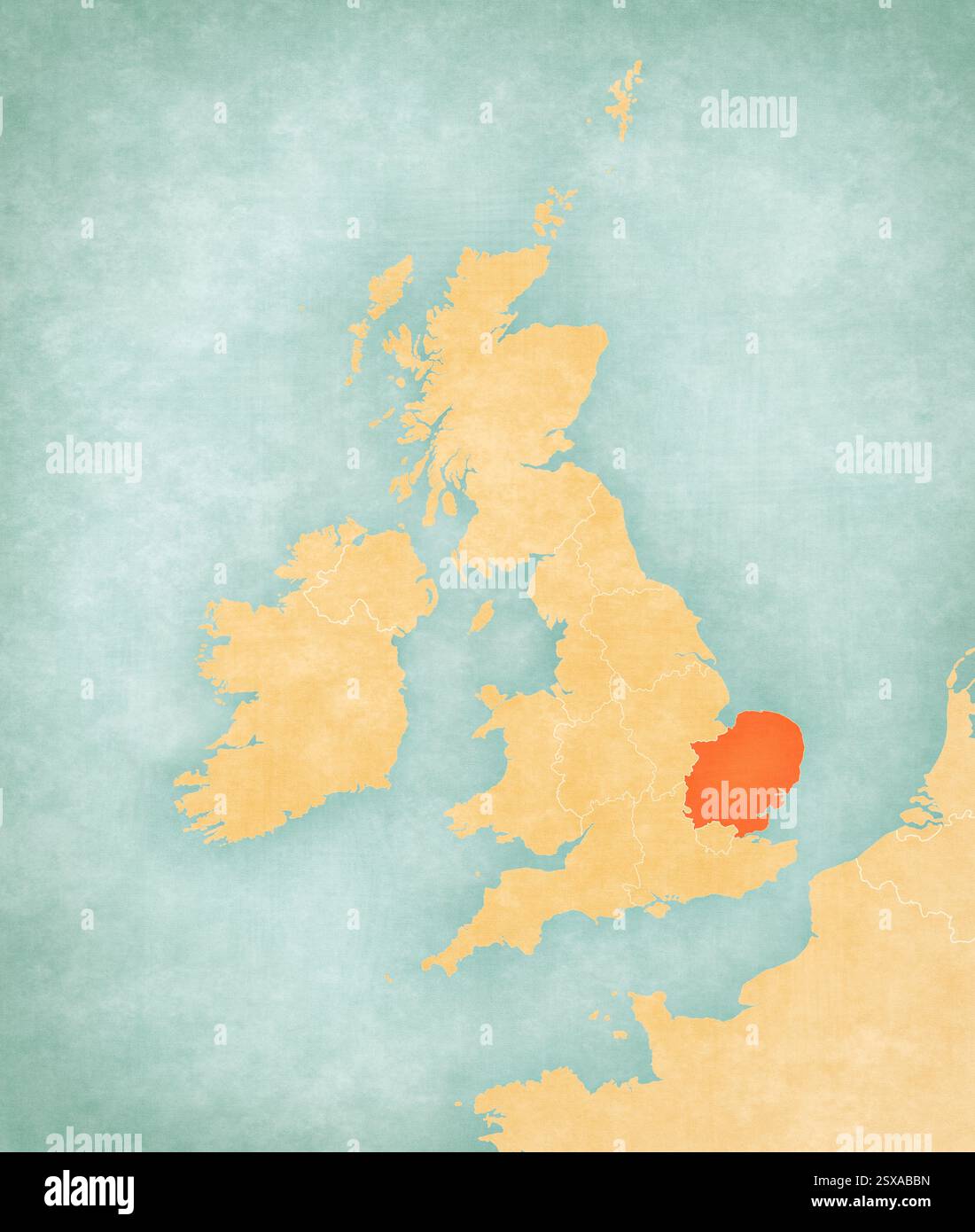 East of England on the map of British Isles in soft grunge and vintage ...