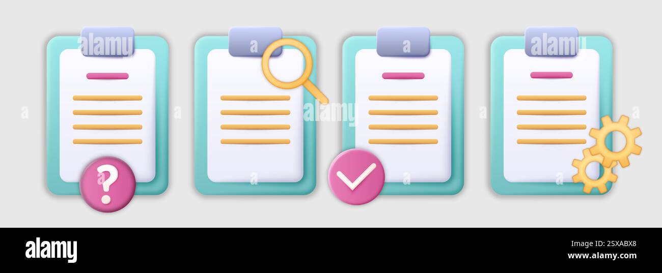 3d check. Document with magnifier and cogwheels. Paper page at ...