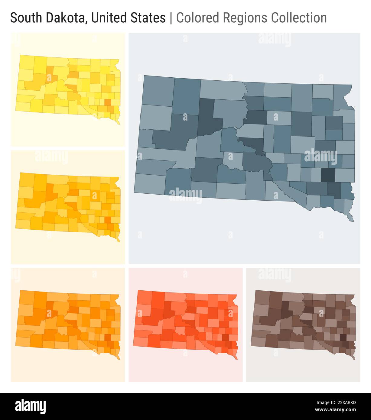 South Dakota, United States. Map collection. State shape. Colored ...