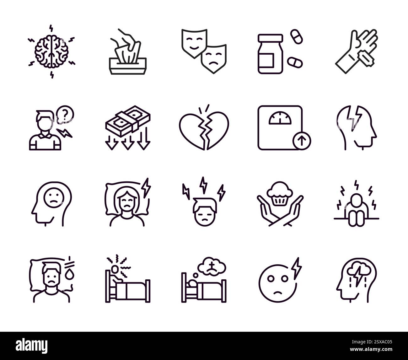 Depress icons. Mental health. Anxiety line symbol. Mind disorder. Tired ...