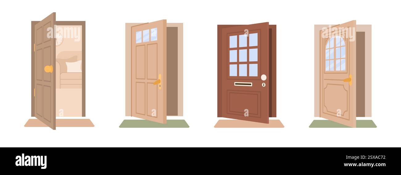 Door closing and opening. Home entrance. Wooden frame. Apartment entry ...