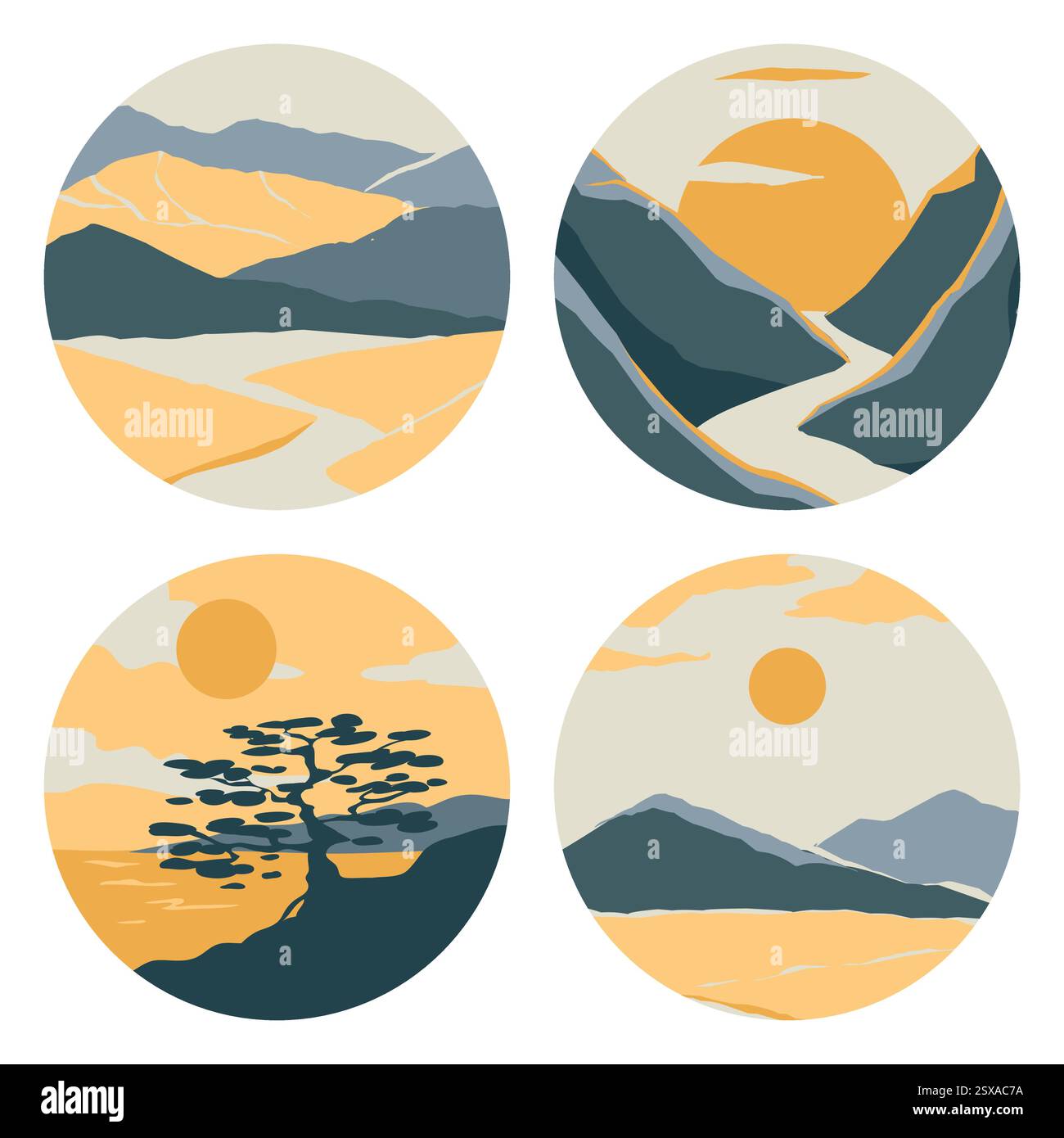 Abstract landscape emblem. Circle logotype design. Round badge. Mountain, lake and river. Tree ...
