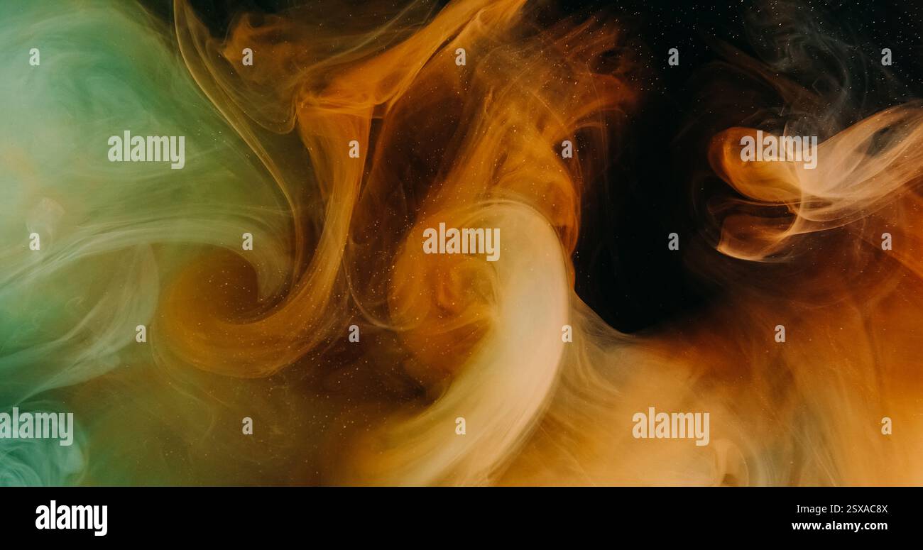 Color mist wave. Ink water splash. Orange green explosion vapor ...