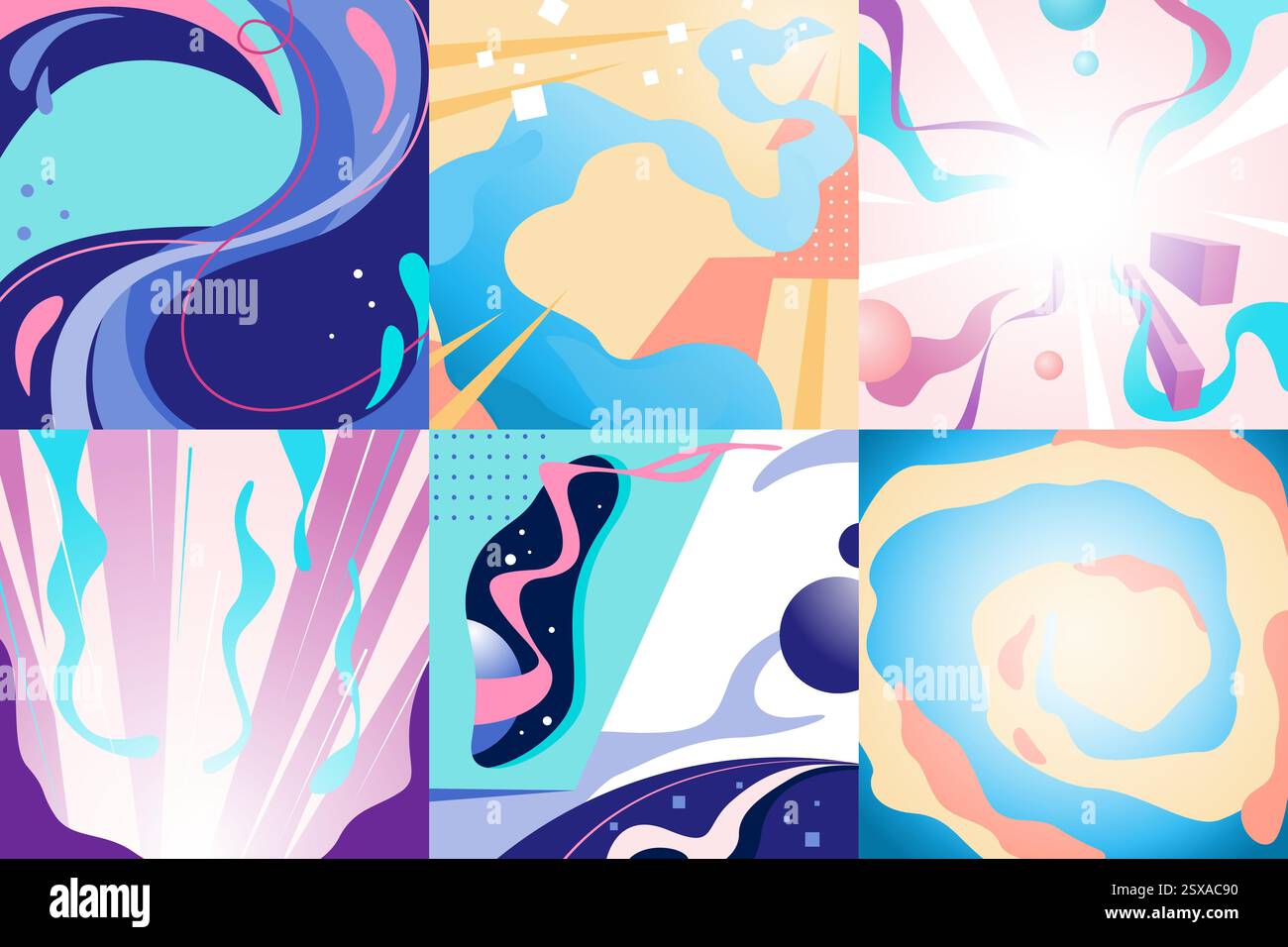 Flying shapes. Abstract cards. Geometric spheres and cubes levitation ...