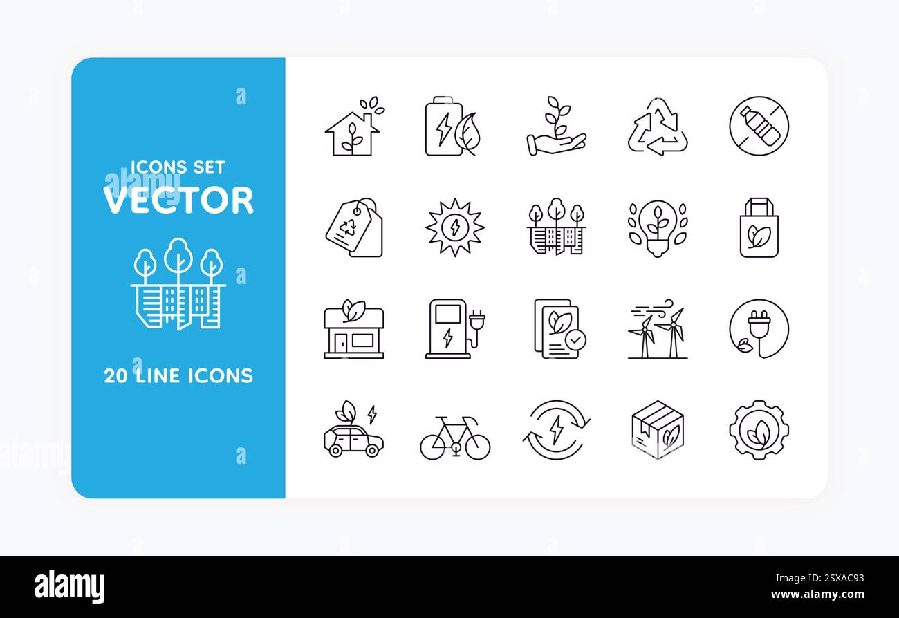 Green energy icons. Eco line signs. Save water. Park trees. Renewable ...