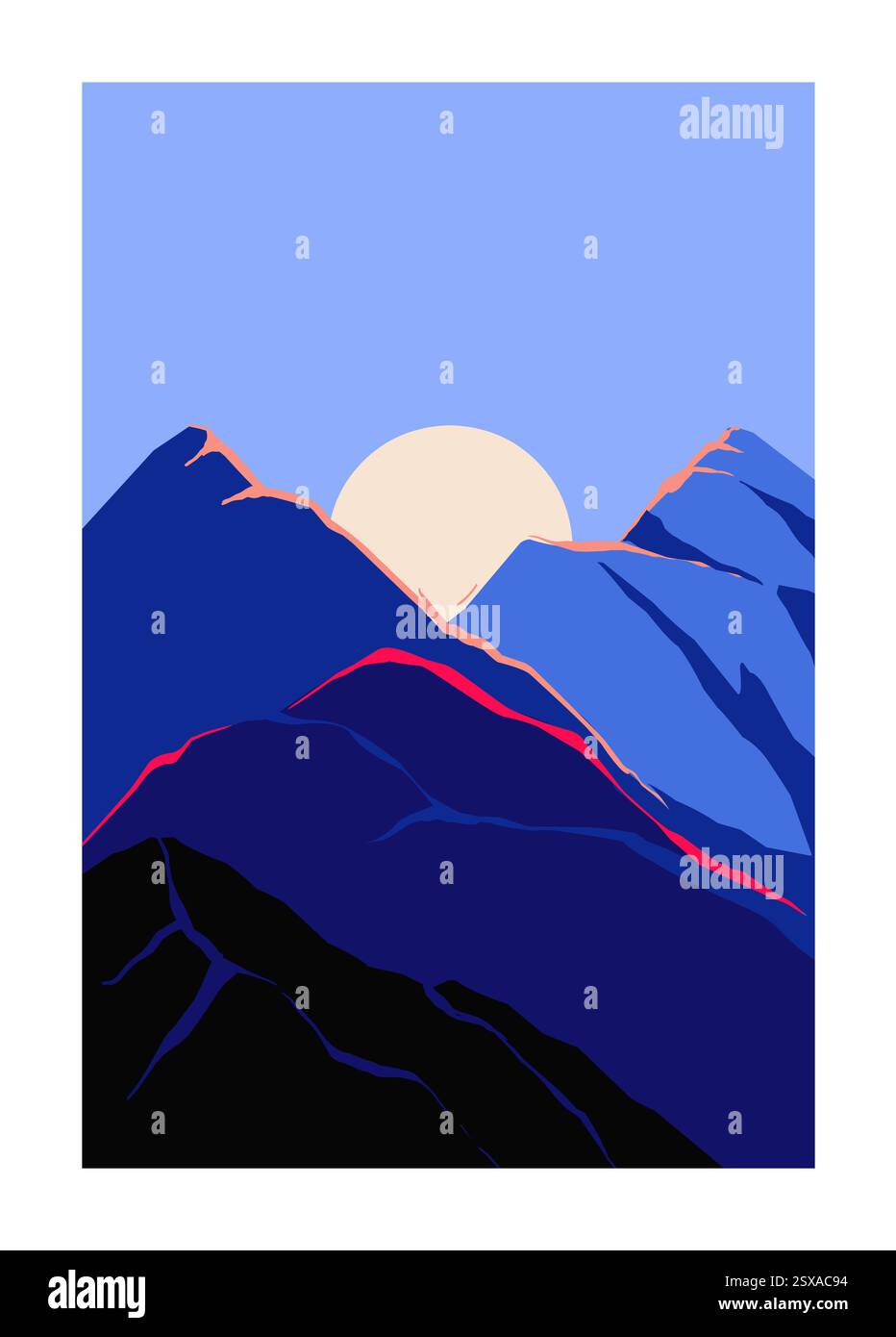 Abstract landscape poster. Mountain night background and bright moon ...