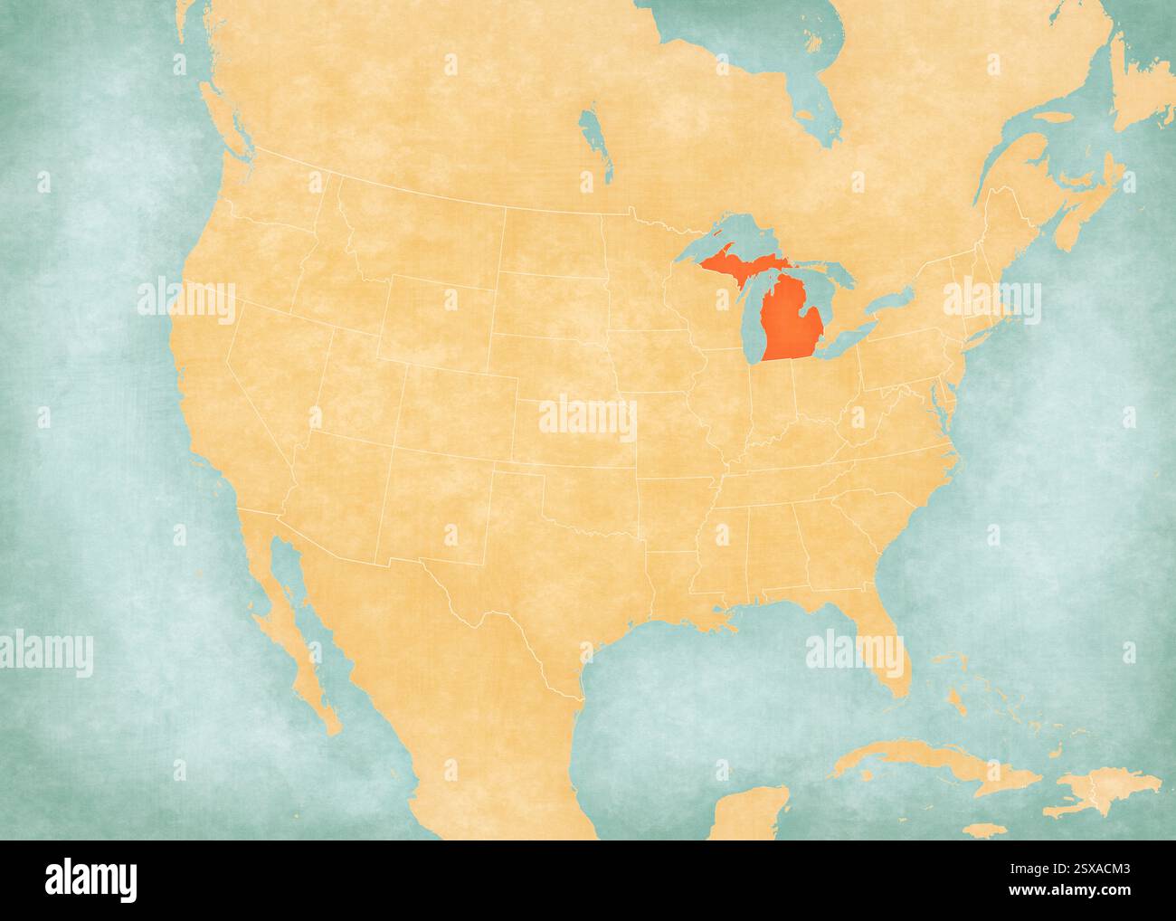 Michigan on the map of United States of America in soft grunge and ...