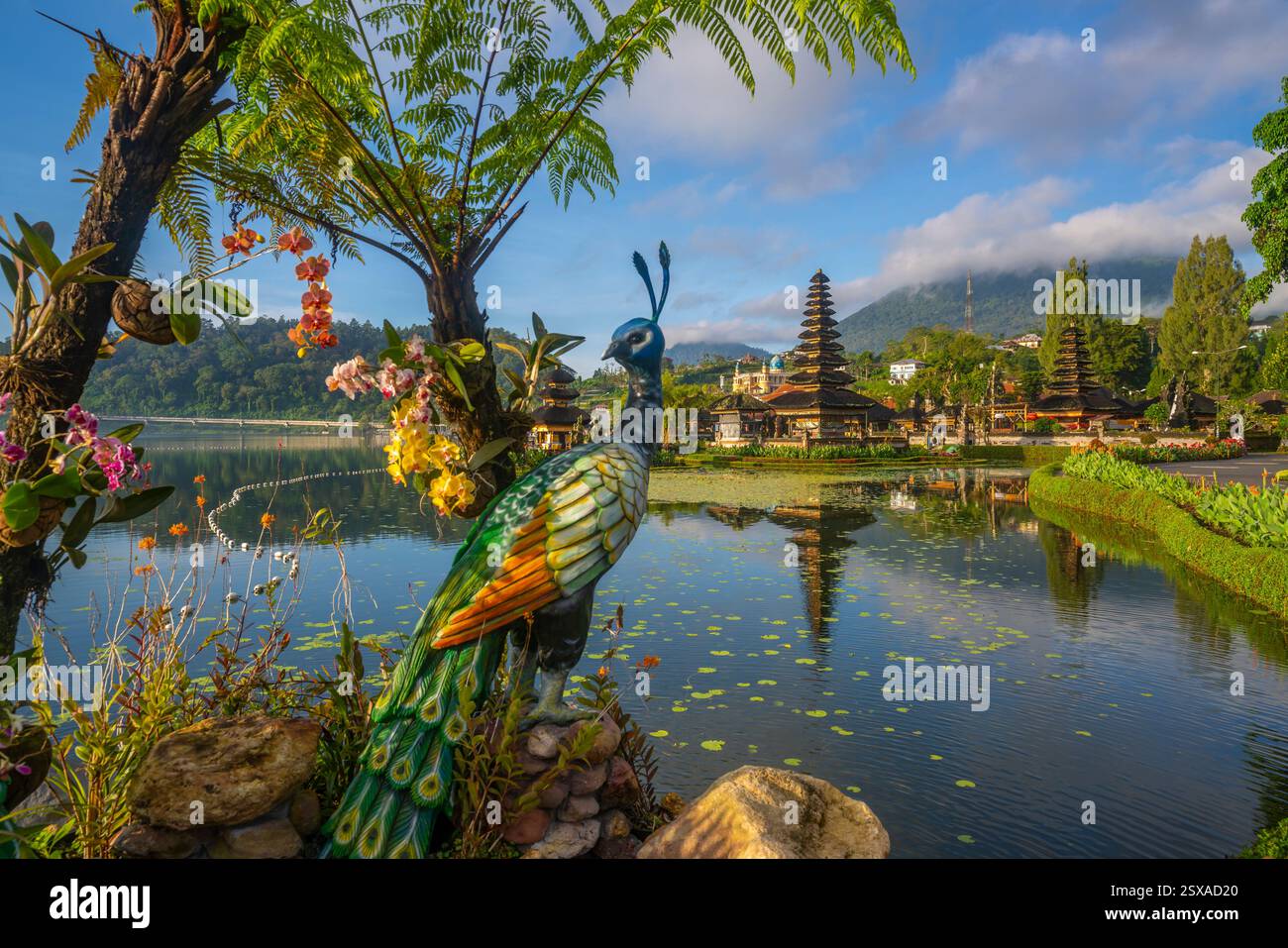 View of Ulun Danu Beratan temple on Lake Bratan at sunrise; Bali ...