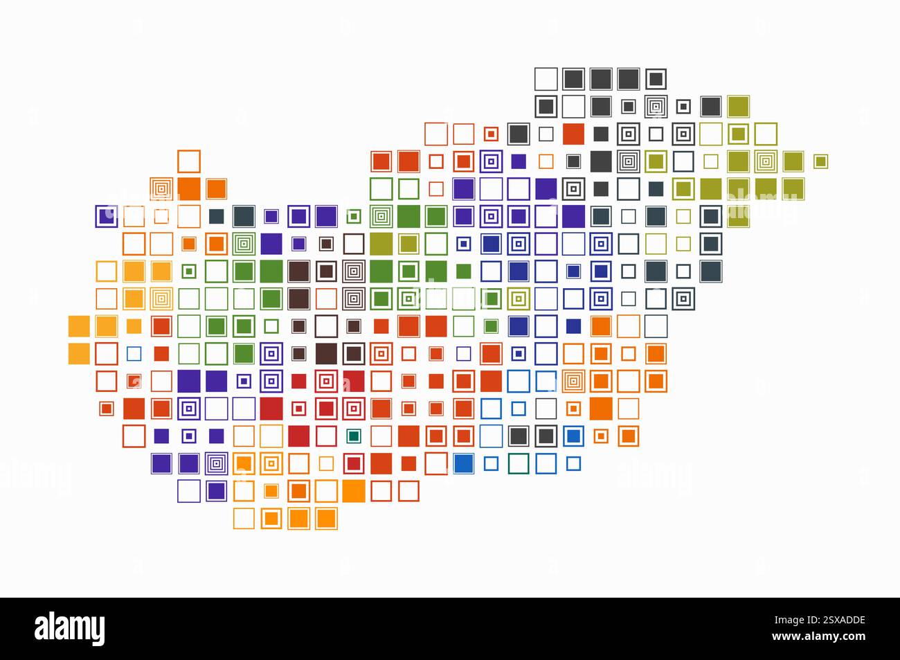 Hungary, shape of the country built of colored cells. Digital style map ...