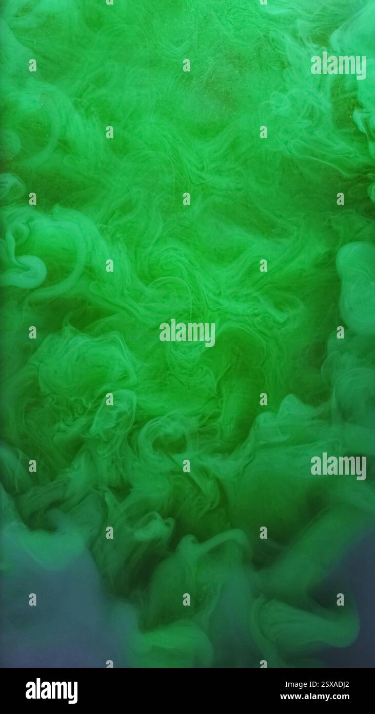 Colorful fog. Smoke splash. Defocused green fluid flow liquid cloud ...