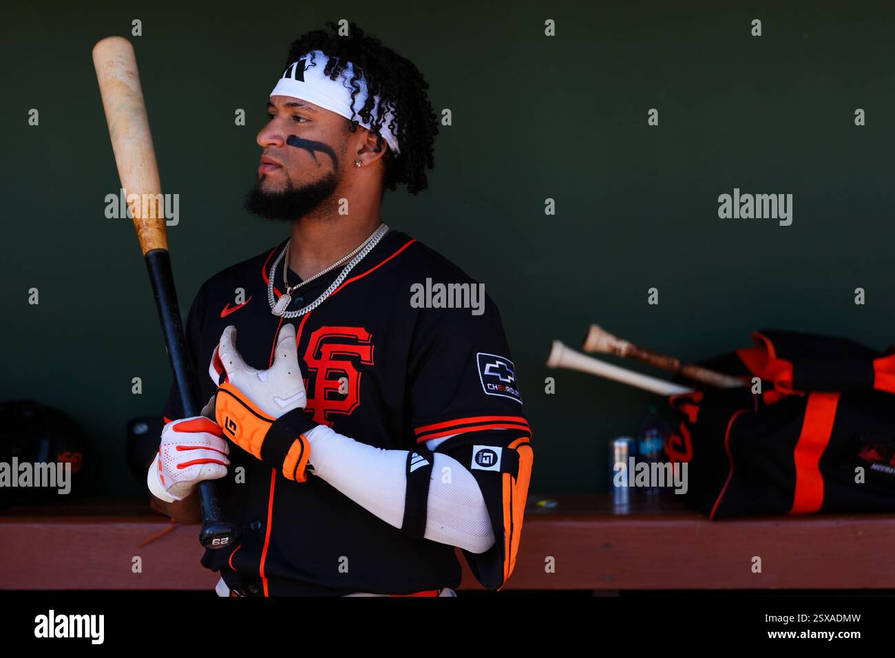 San Francisco Giants' Luis Matos stands in the dugout during a spring ...