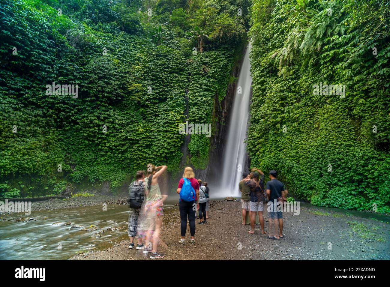 View of visitors and Melanting waterfall, Kabupaten Buleleng, Gobleg ...