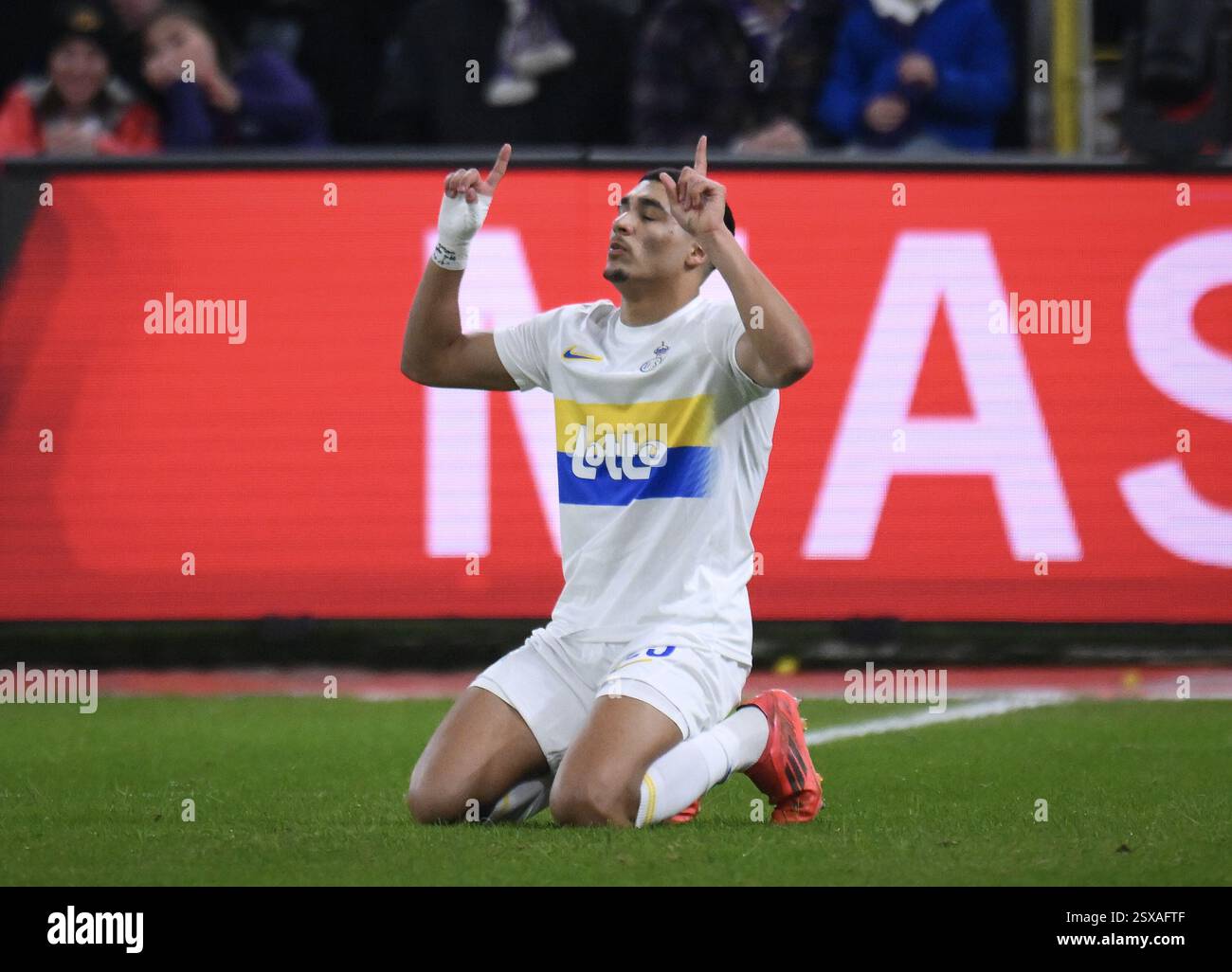 Anderlecht, Belgium. 23rd Feb, 2025. Union's Anan Khalaili celebrates ...