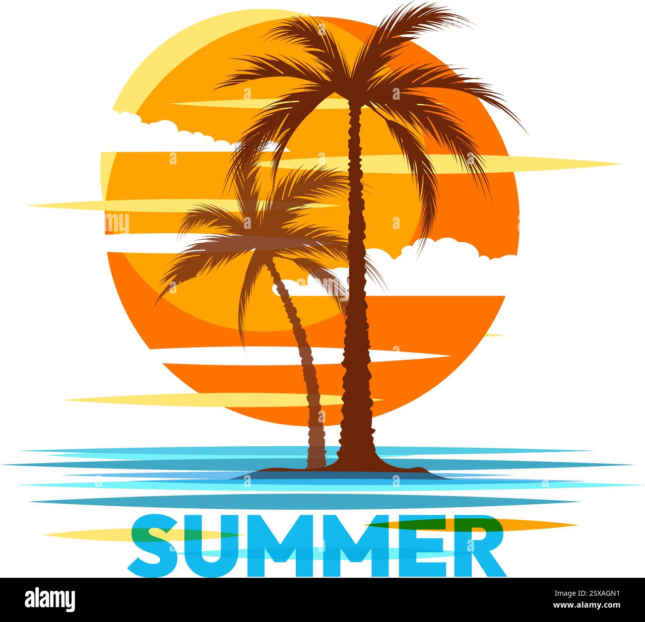 Tropical emblem. Palm tree island at sunset logo with wording summer ...