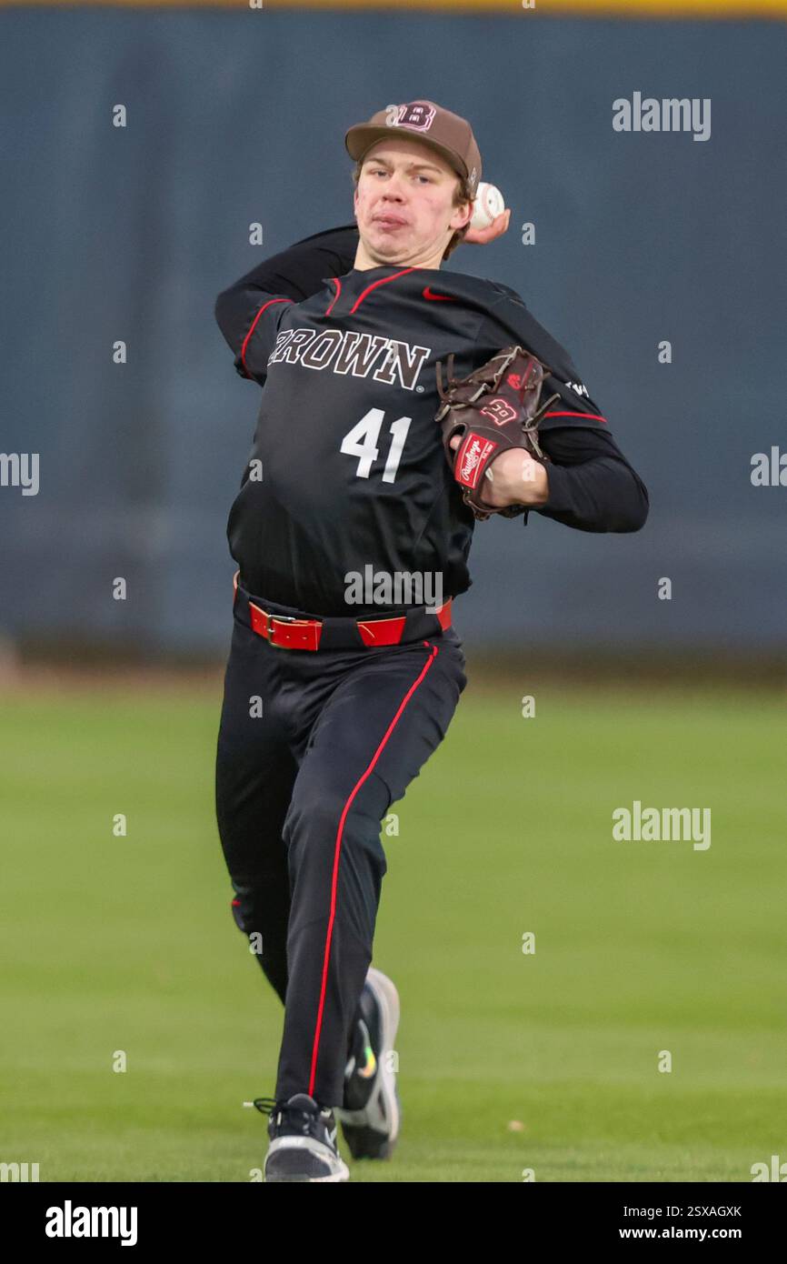 Brown pitcher Carter Barth (41) warms up before an NCAA baseball game ...