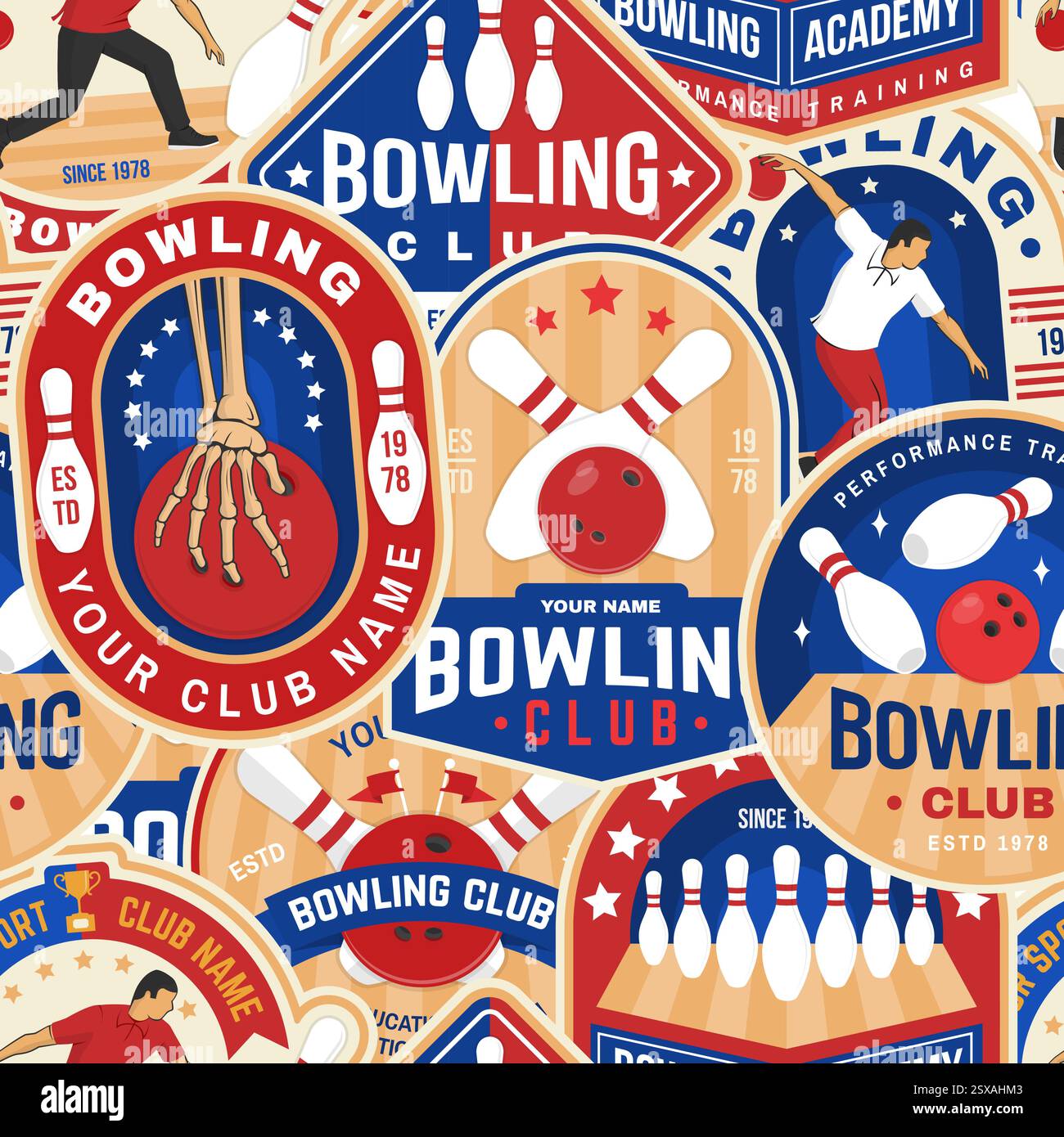 Bowling sports club seamless pattern with emblems, logos. Background ...