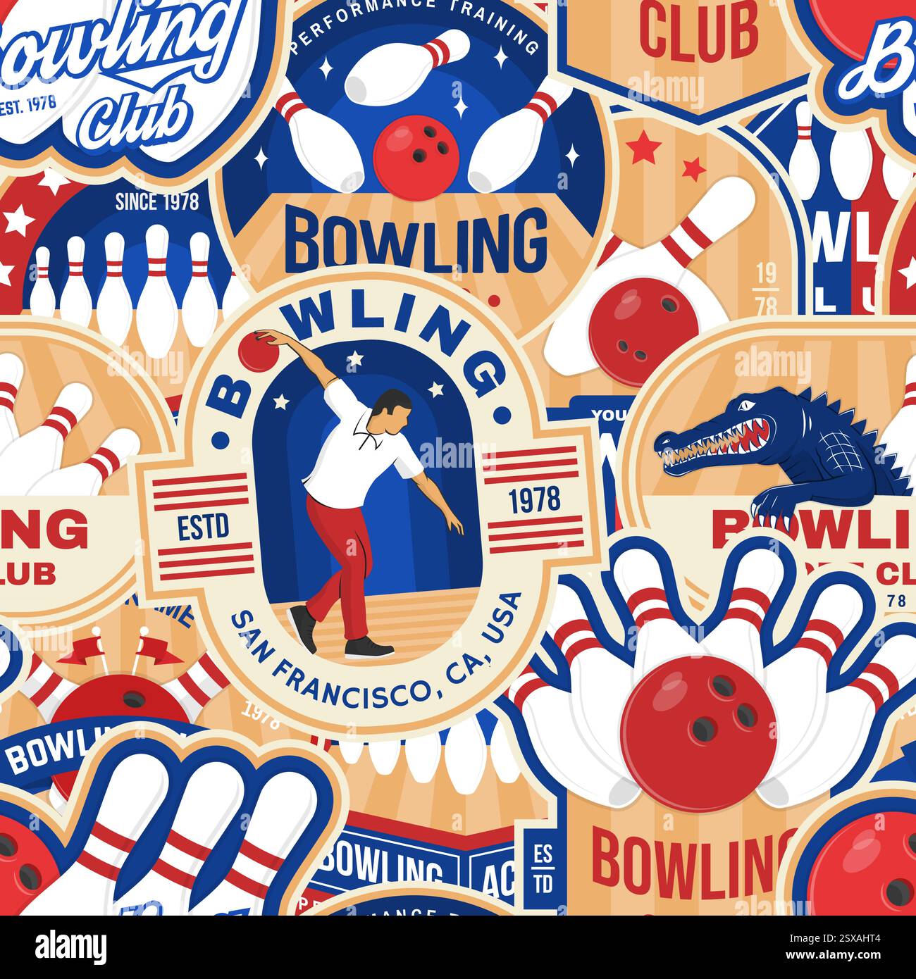 Bowling sports club seamless pattern with emblems, logos. Background, wallpaper, seamless ...