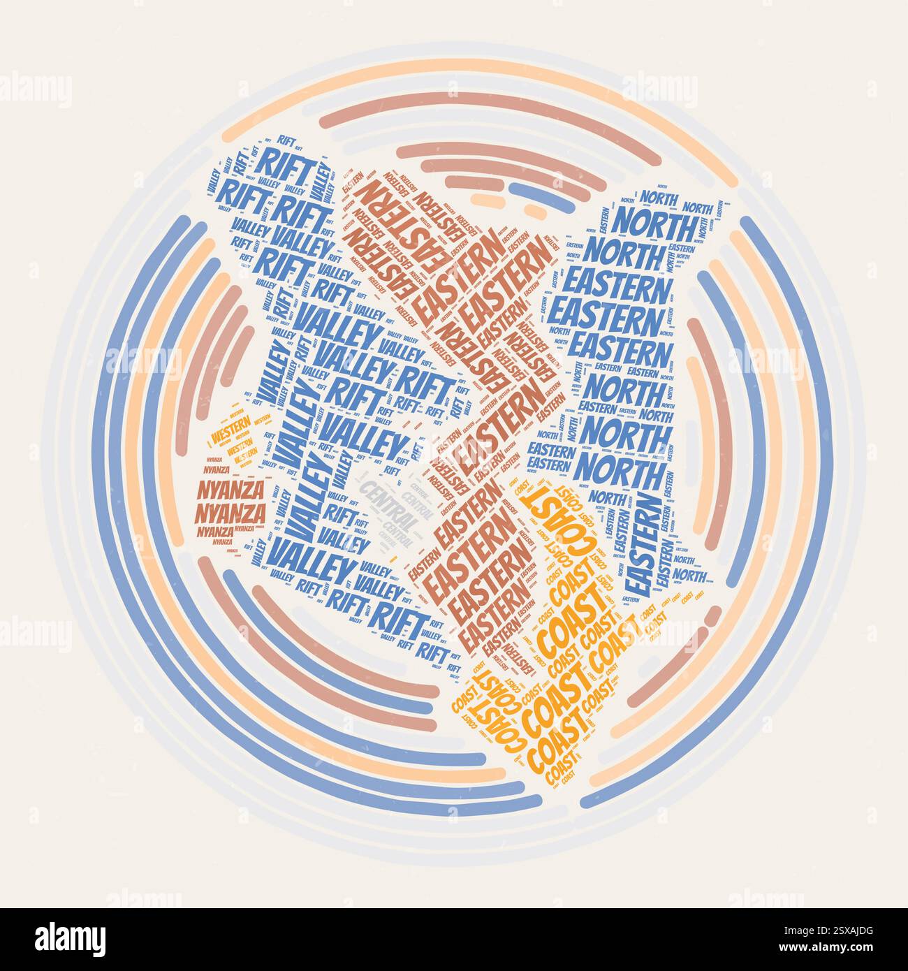 Kenya Round Poster. Typography style image of Country. Regions word ...