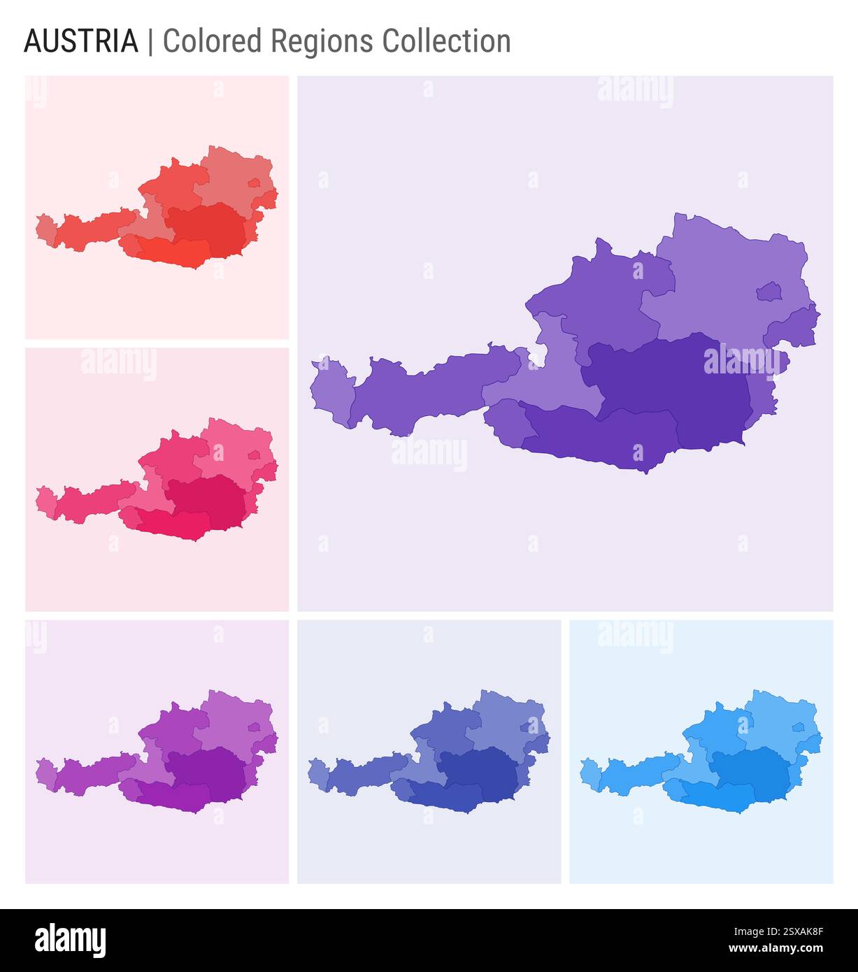 Austria map collection. Country shape with colored regions. Deep Purple ...