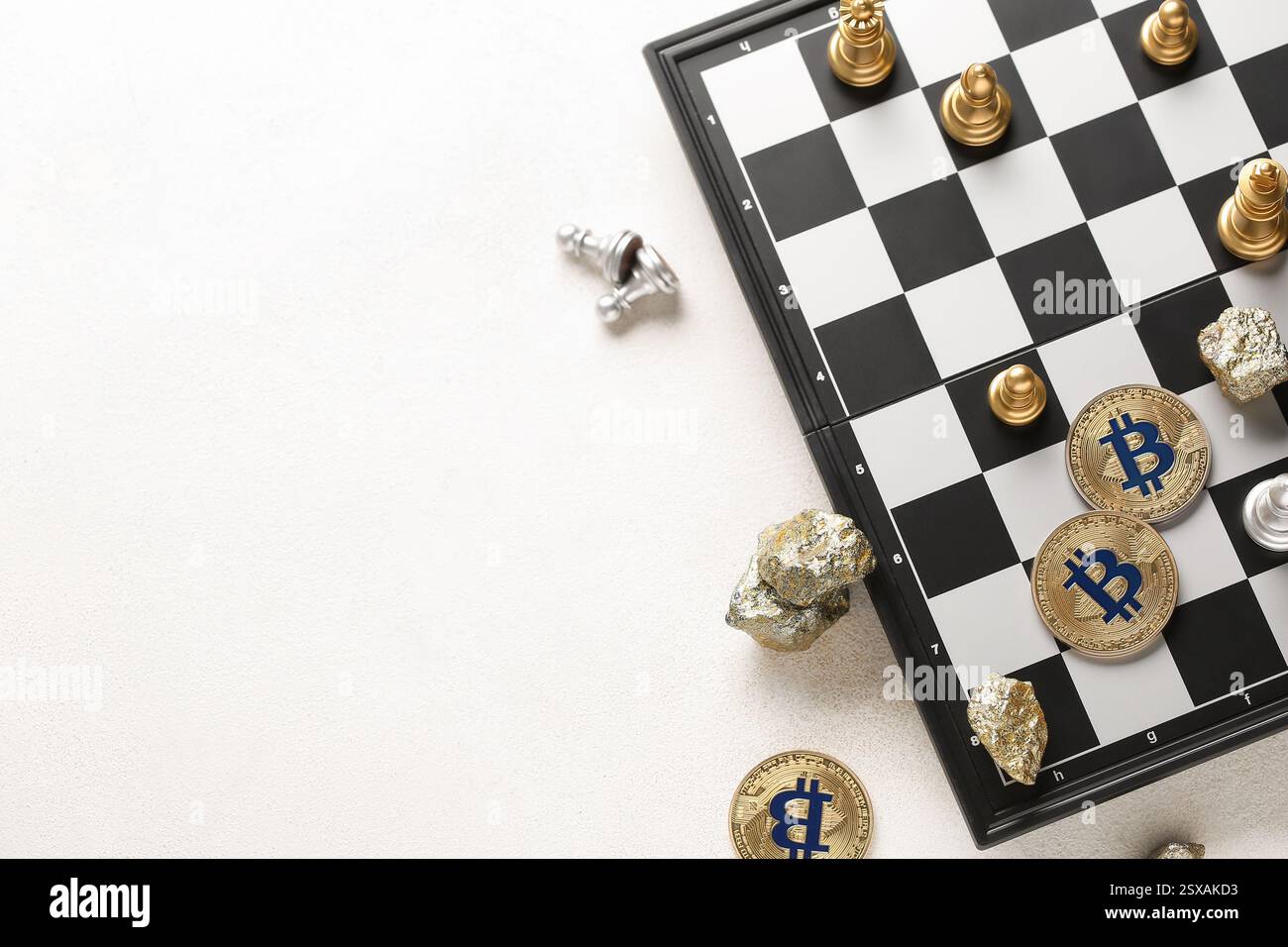 Chess board with gold and bitcoins on light background with space for ...