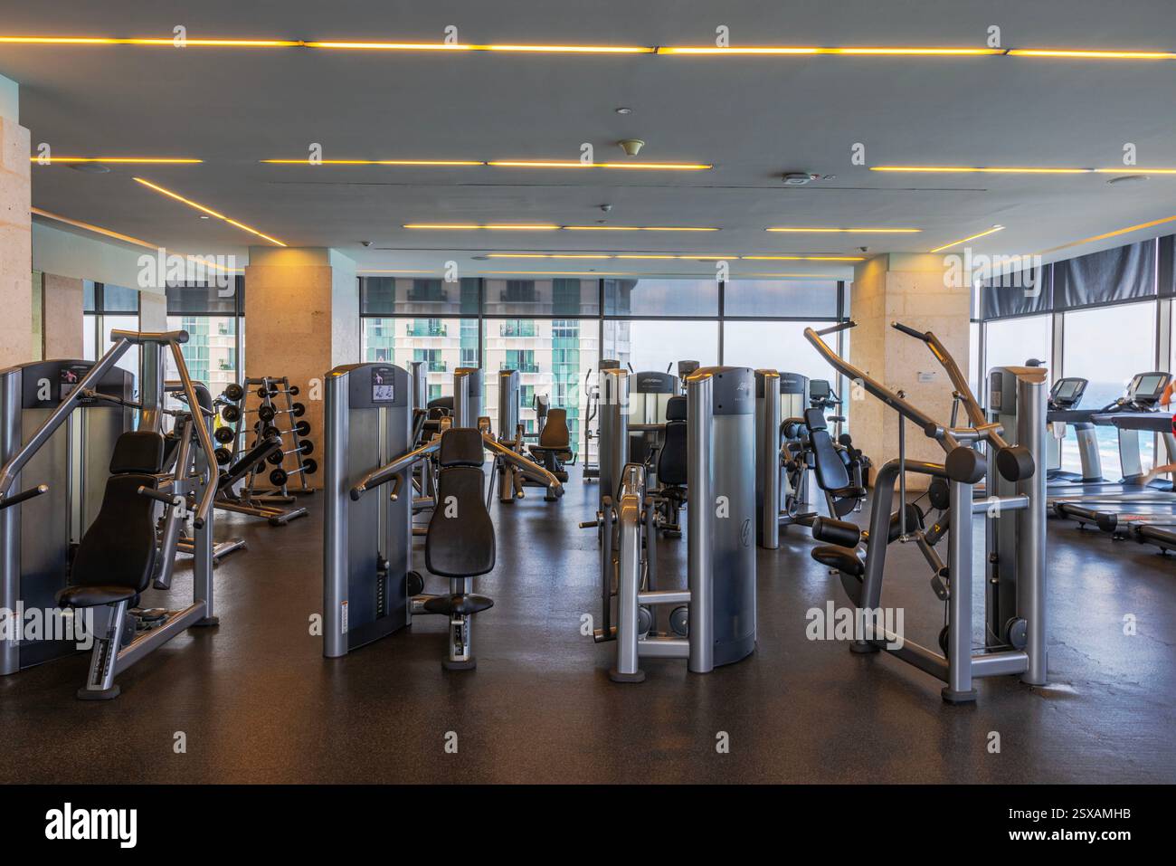 Modern fitness center with various exercise machines, free weights, and ...