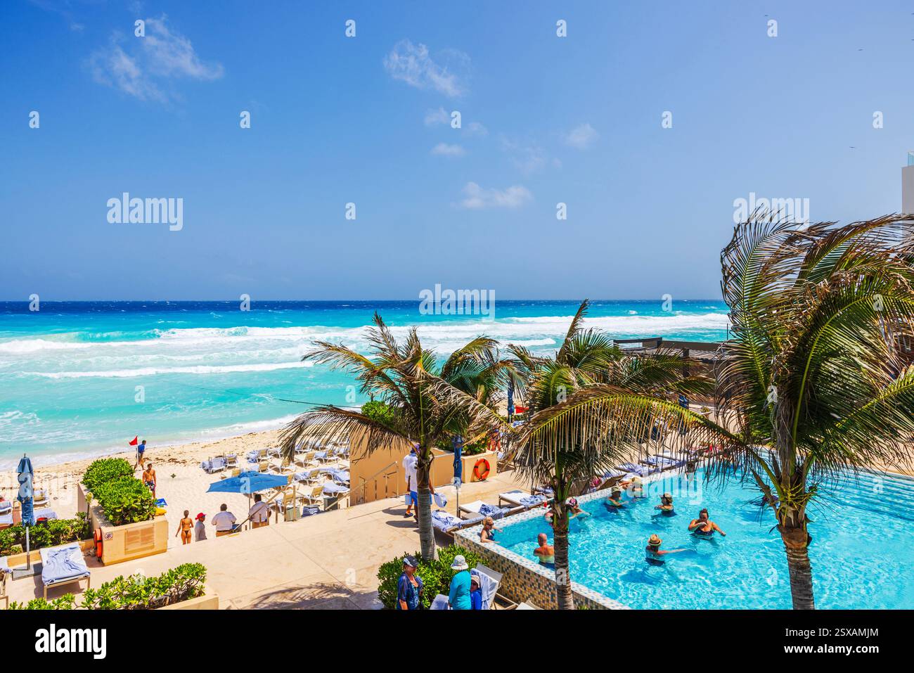 Palm trees swaying near resort pool overlooking turquoise waves of ...