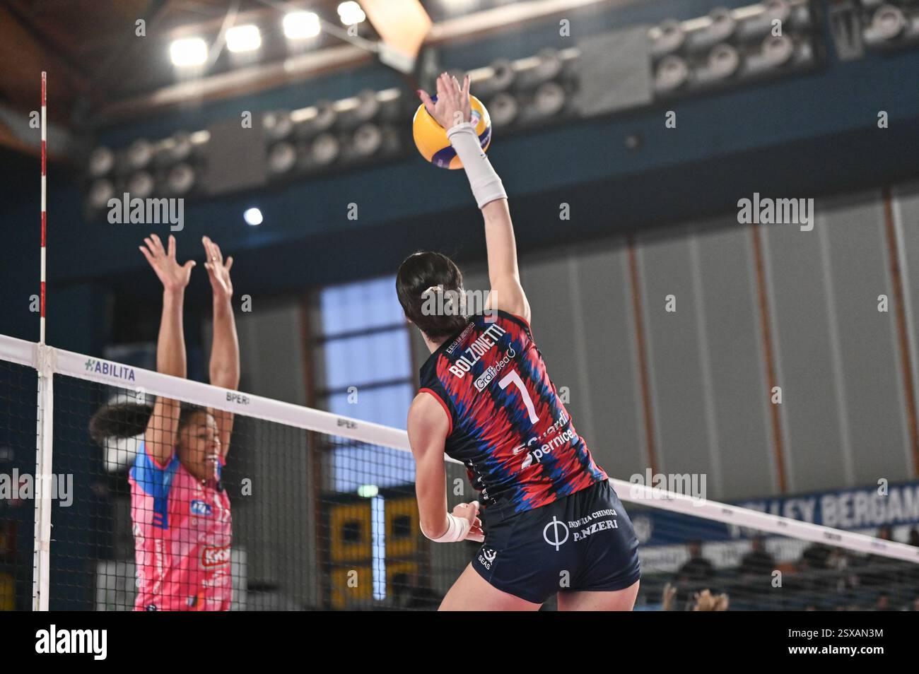 Attack of Alessia Bolzonetti (Volley Bergamo 1991) Block of Sara ...