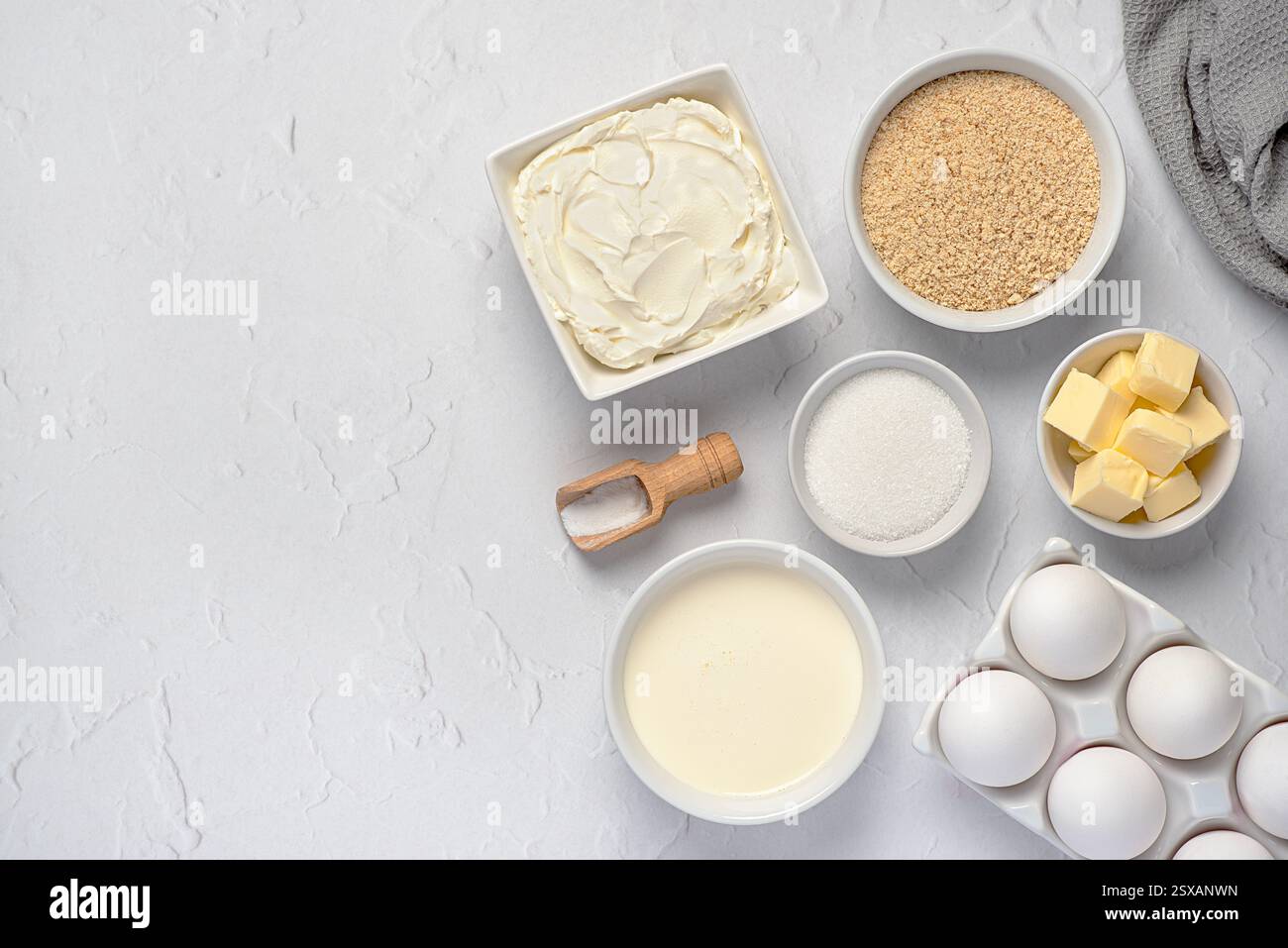 Blank food photography of raw ingredients of New York cheesecake, cream ...