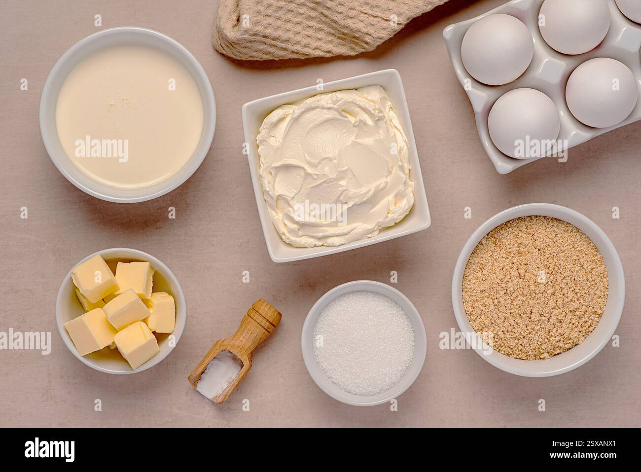 Food photography of raw ingredients of New York cheesecake, cream, soft ...