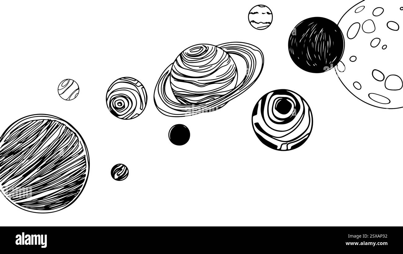 Planetary system sketch. Different planets and ringed planet in the ...