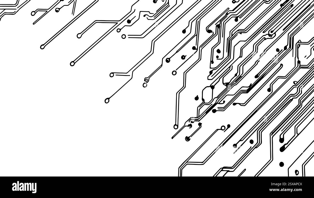 Abstract circuit board illustration. Black lines and dots form a ...