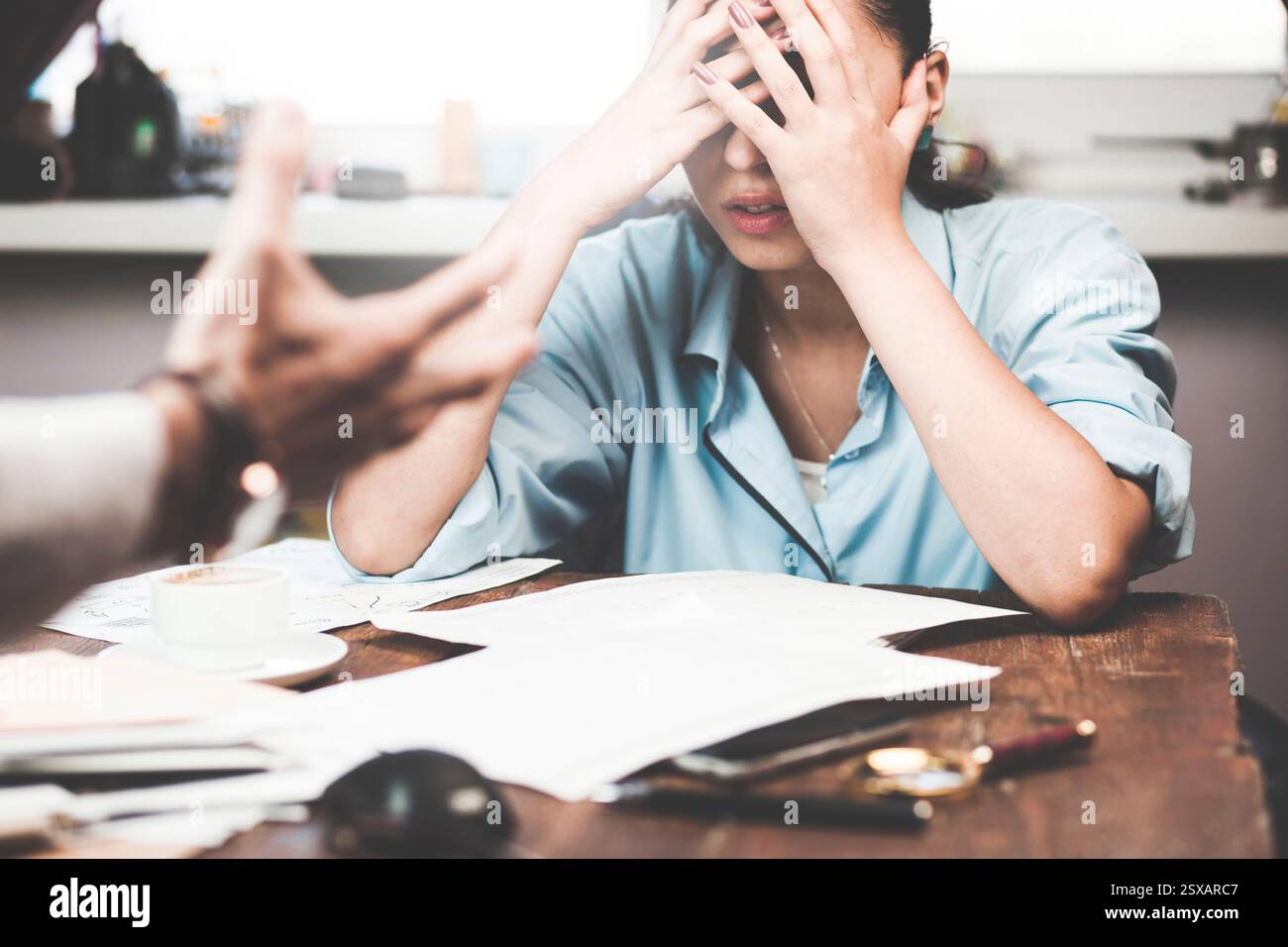 Boss threatening with finger his employee, isolated Stock Photo - Alamy