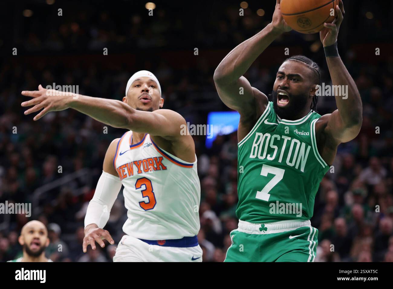 Boston Celtics' Jaylen Brown (7) grabs rebound against New York Knicks ...